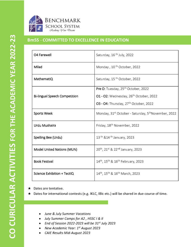 ACTIVITY CALENDAR – Benchmark School System